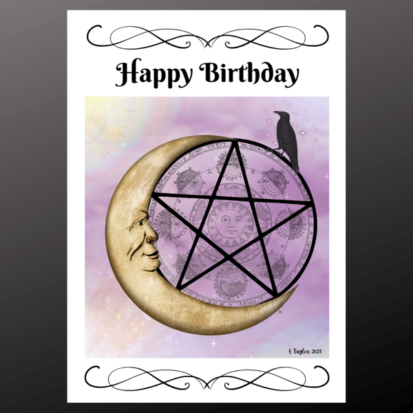 Moon Pentagram Happy Birthday Card Personalised... - Folksy