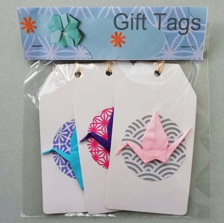3 crane gift tags in purple, pink and blue - Folksy