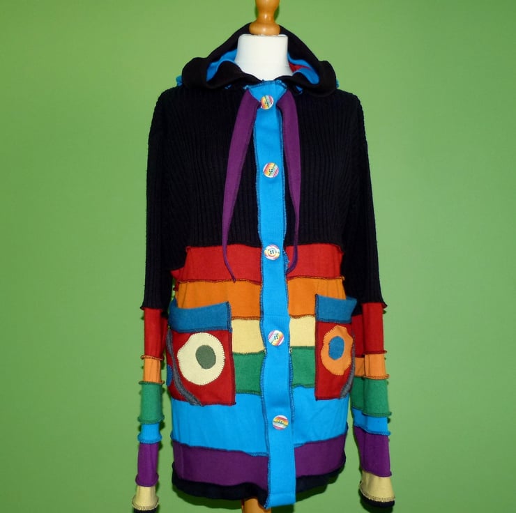 Upcycled Rainbow Jacket with Buttons Hood Patch... - Folksy