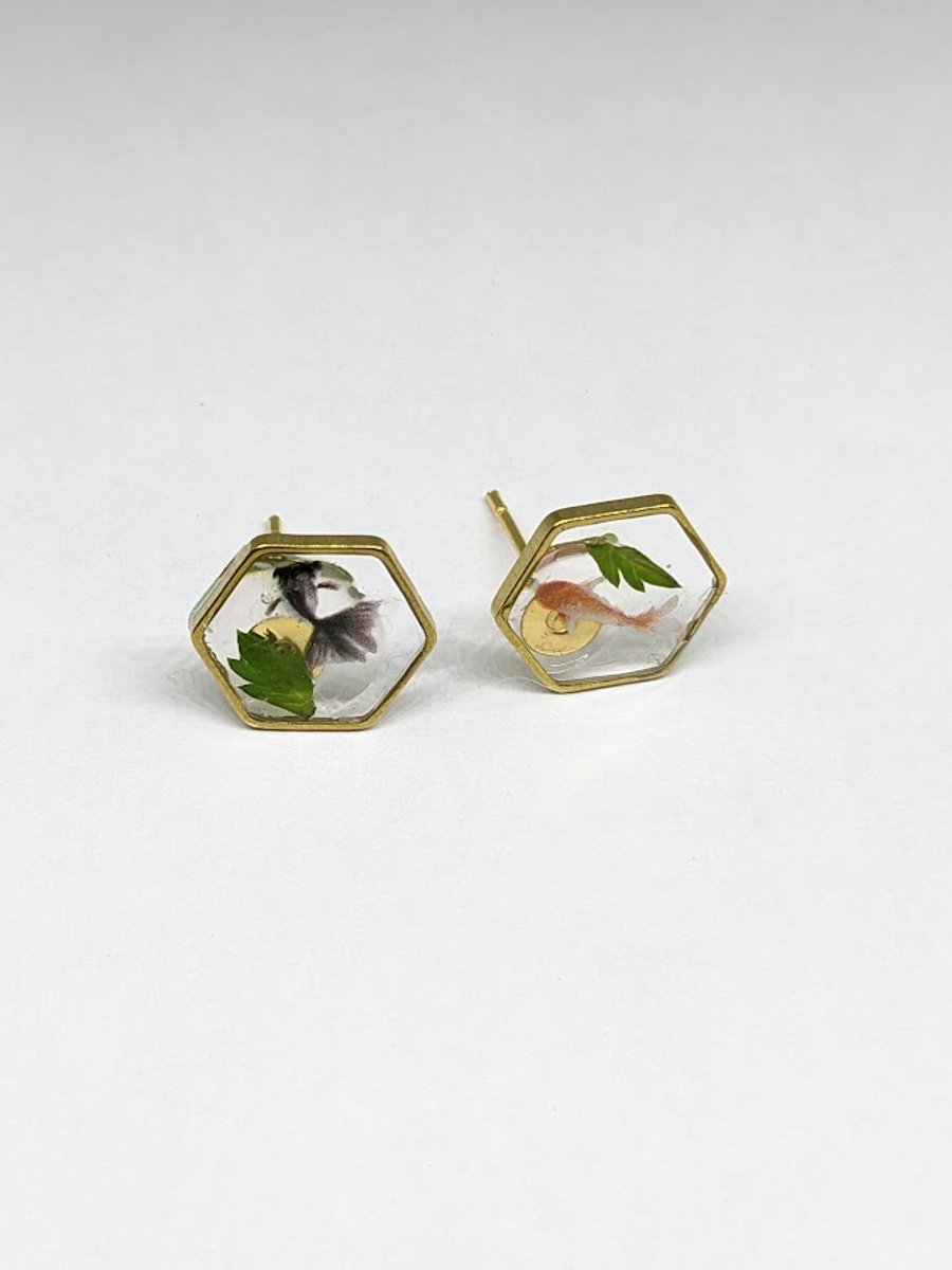 Brass frame resin stud earrings with gold fish - Folksy