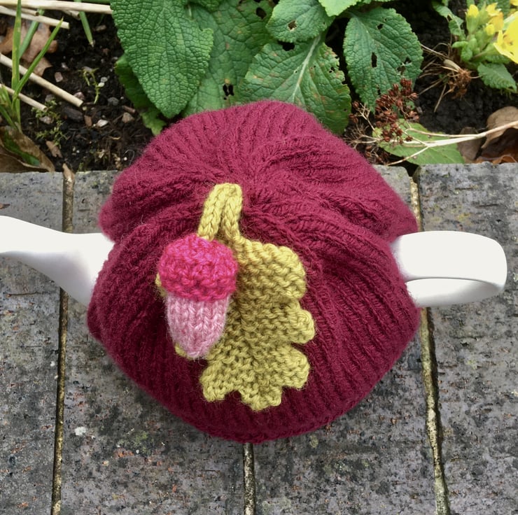 Dark Pink Autumn Tea Cosy, Acorn and Oak Leaf - Folksy