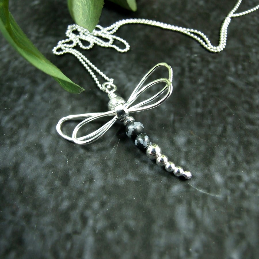 Dragonfly Necklace, Sterling Silver & Snowf... - Folksy