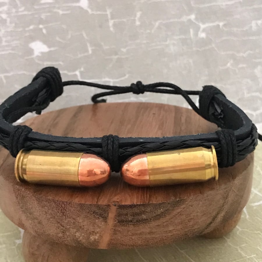 Unisex Leather Bracelet with 2 45 Calibre Bulle... - Folksy