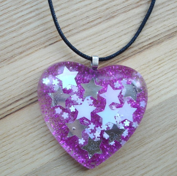 Large Pink Sparkle Heart Resin Pendant - Folksy
