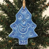 Blue Ceramic Christmas tree decoration with bir... - Folksy