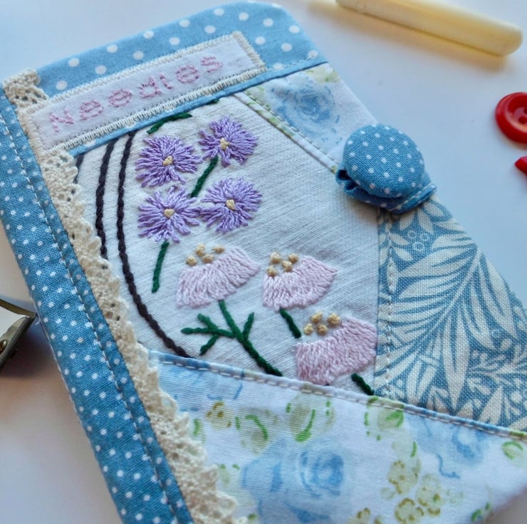 Sewing needle case reclaimed embroidery and blu... - Folksy