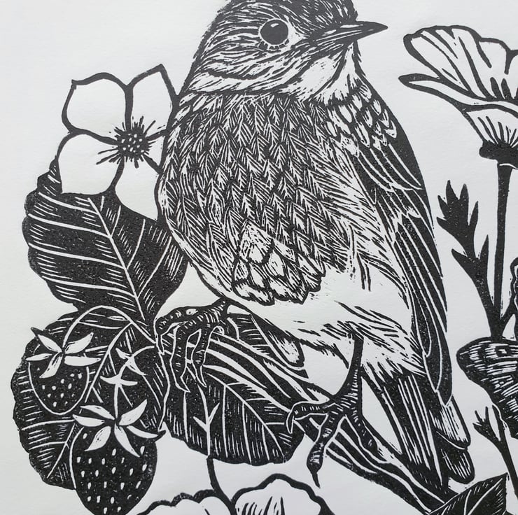 Robin and Flowers Lino Print - Robin Lino Print... - Folksy