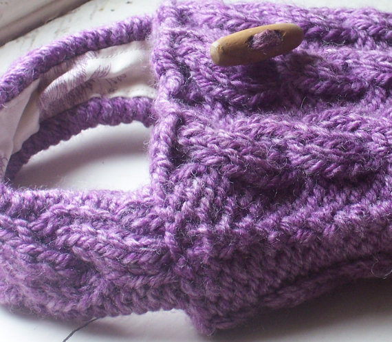 Soft hand knitted cable stitch bag in soft heat... - Folksy