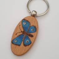 blue butterfly pyrography wooden keyring - Folksy