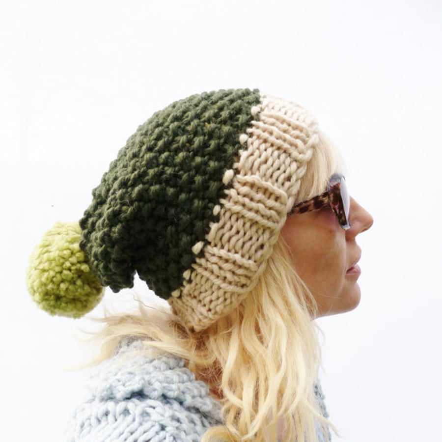 Women's Colour Block Bobble Hat - Greens - Folksy