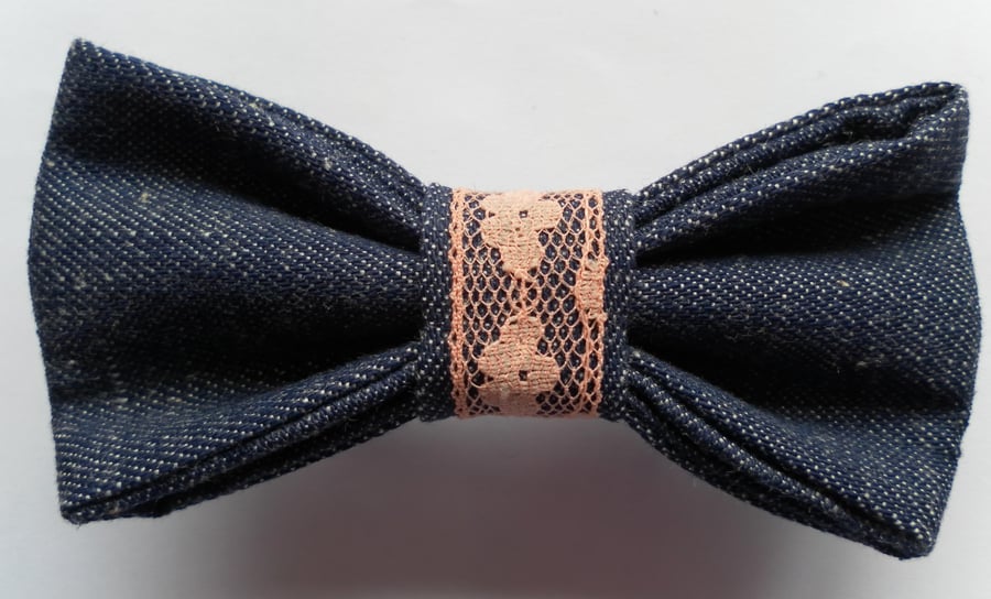 Denim Hair Bow with Apricot Lace - Folksy