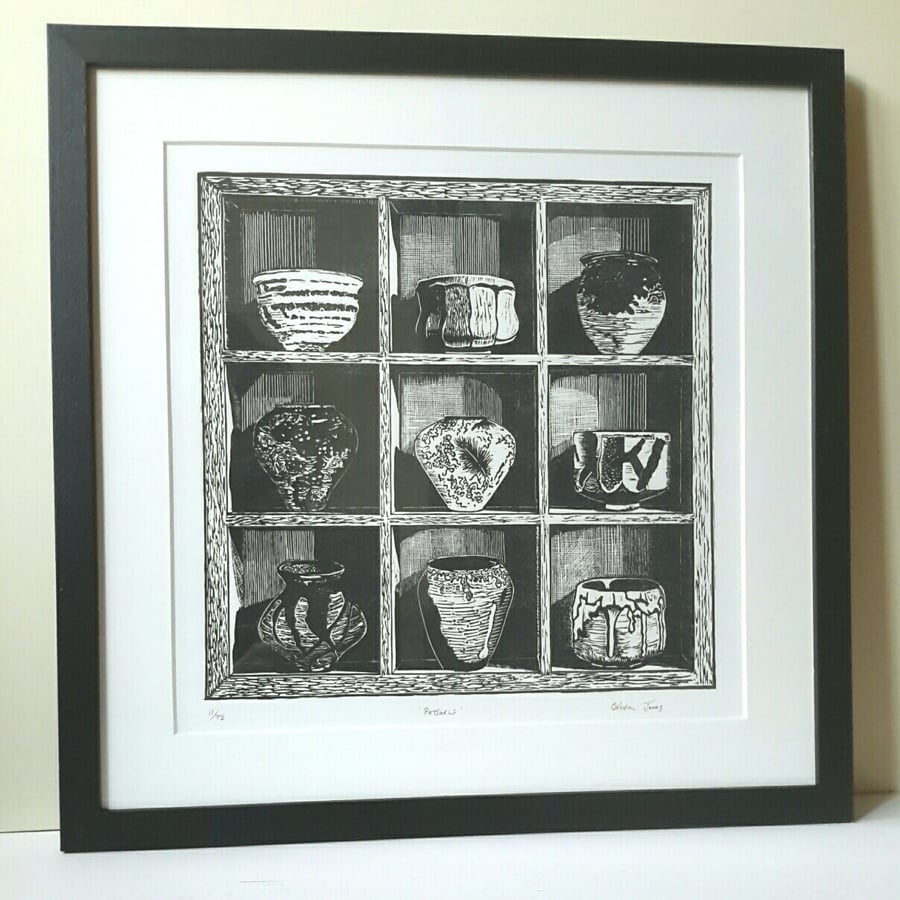 Linocut black lino print of handmade ceramics - Folksy