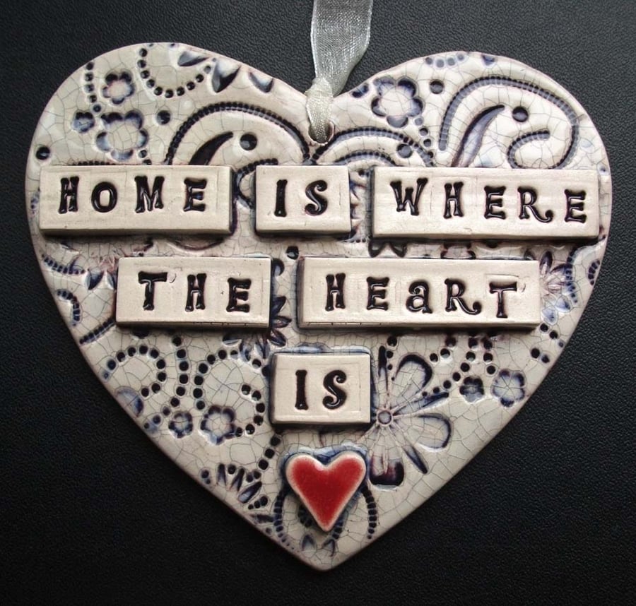purple ceramic heart decoration Home is Where t... - Folksy