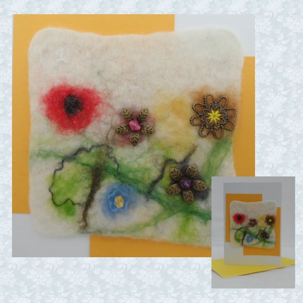 Greetings Card, felted with beaded flowers - Folksy