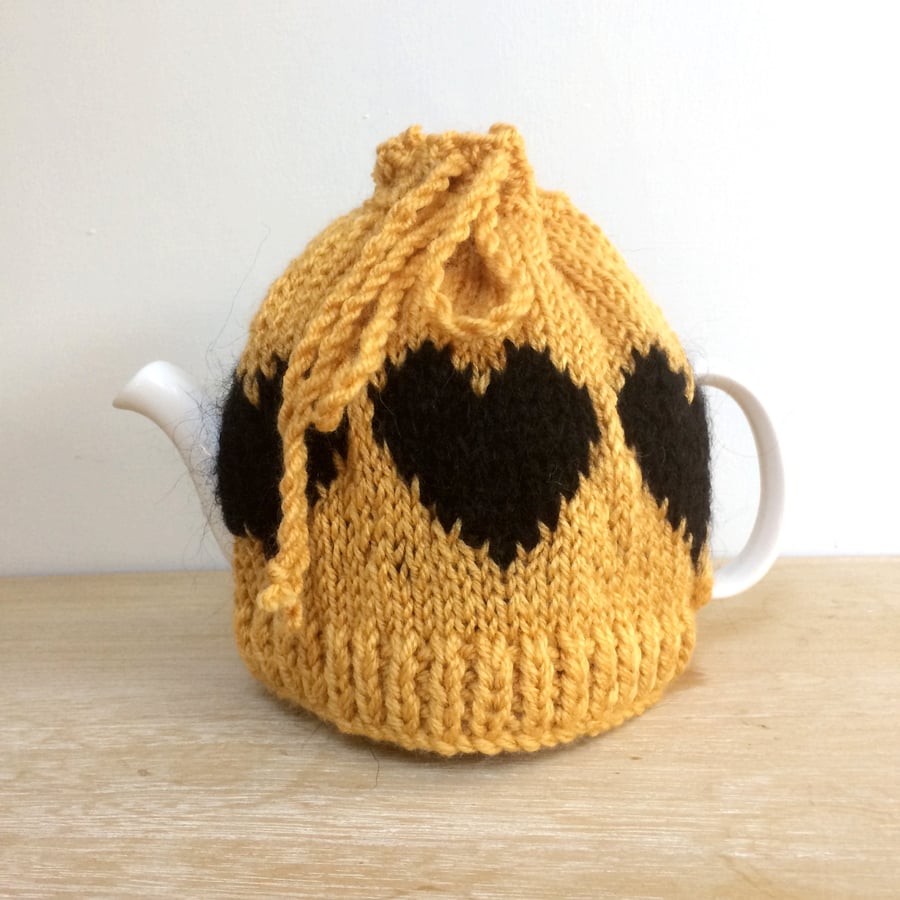Mustard Yellow hand knit heart tea cosy - Folksy