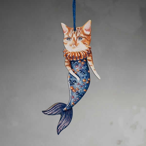 Cat mermaid wooden decoration, double sided- Lo... - Folksy