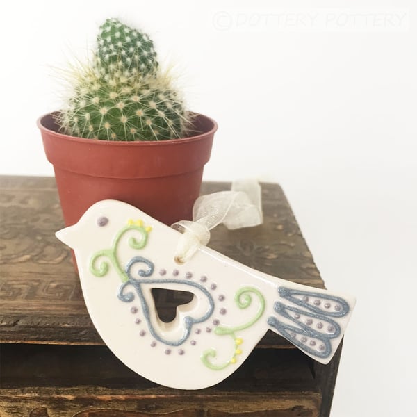 Ceramic folk art bird decoration Pottery bird ... - Folksy