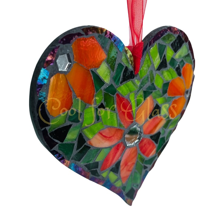 Stained glass mosaic heart with orange flowers - Folksy