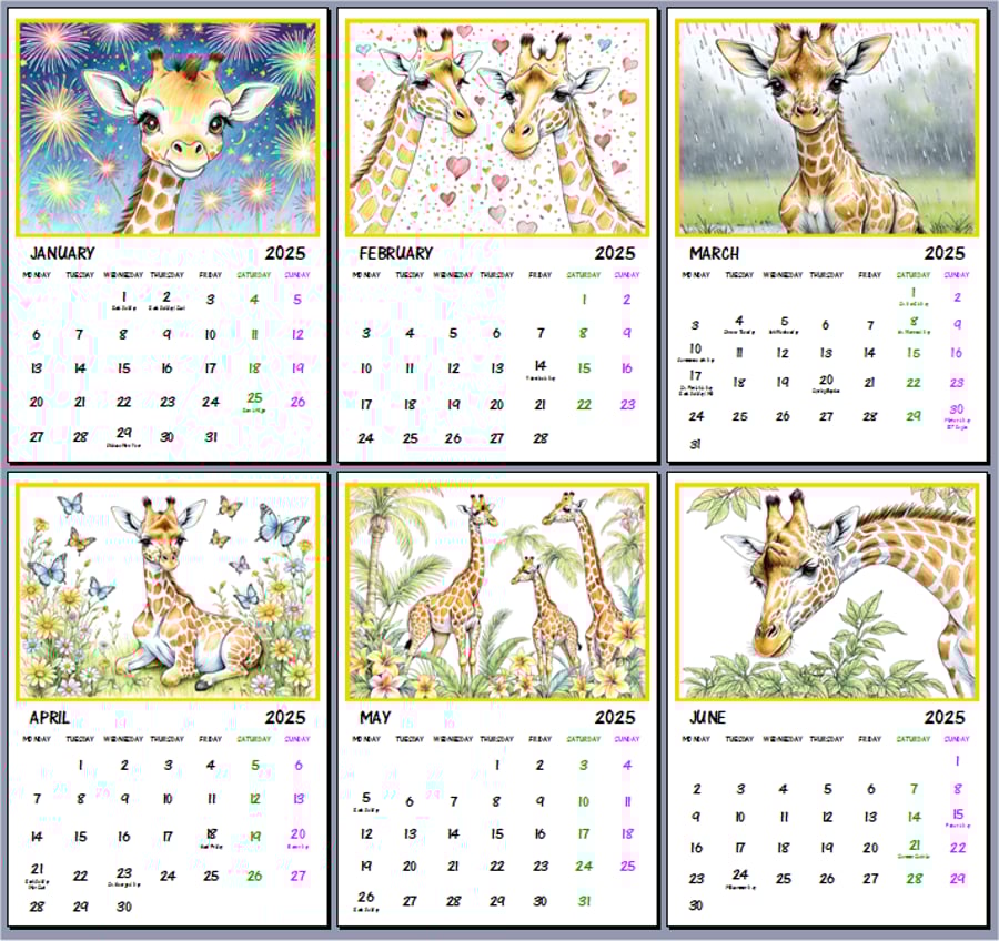 2025 A4 Giraffes Art Calendar - Folksy
