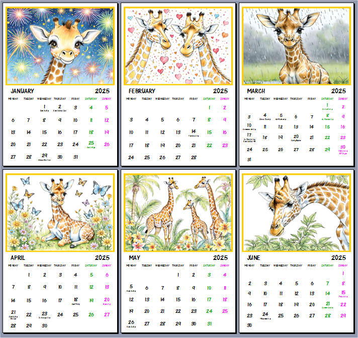 2025 A4 Giraffes Art Calendar - Folksy