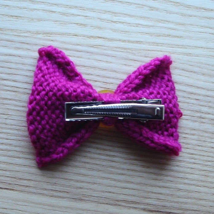 Knitted Bow Hair Clip with Button in Fuchsia - Folksy