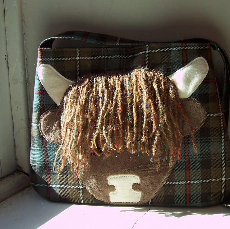 Wool tartan shoulder bag with highland cow appl... - Folksy