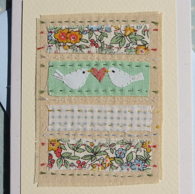 Sweet little hand-stitched card with two doves,... - Folksy
