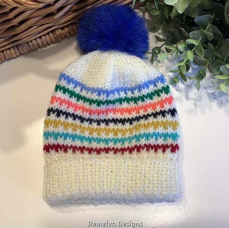 Gender Neutral Hand Knitted Pom Pom Beanie Hat ... - Folksy