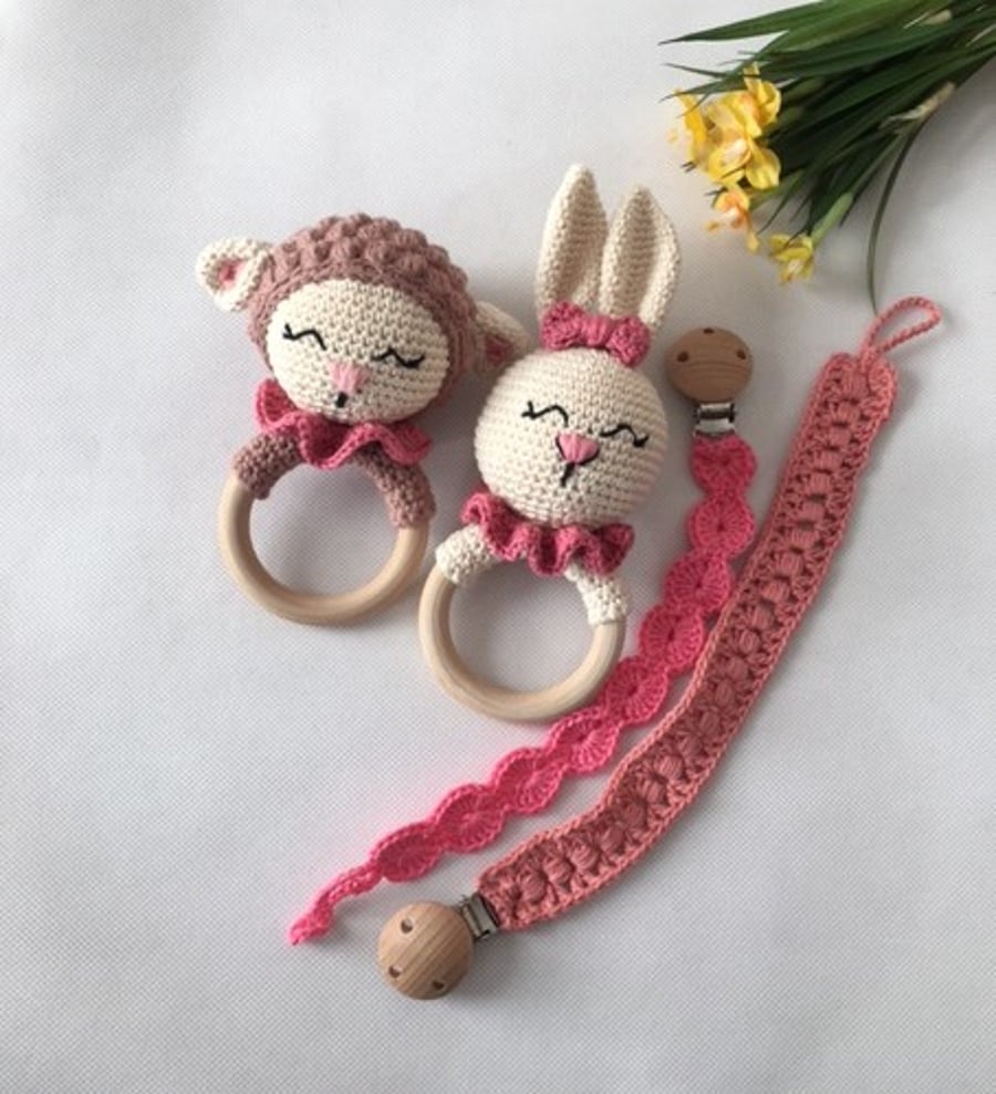 CROCHET CUTE BABY RATTLE with PACIFIER CLIP - Folksy