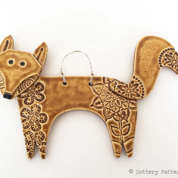Ceramic fox hanging decoration Pottery fox - Folksy