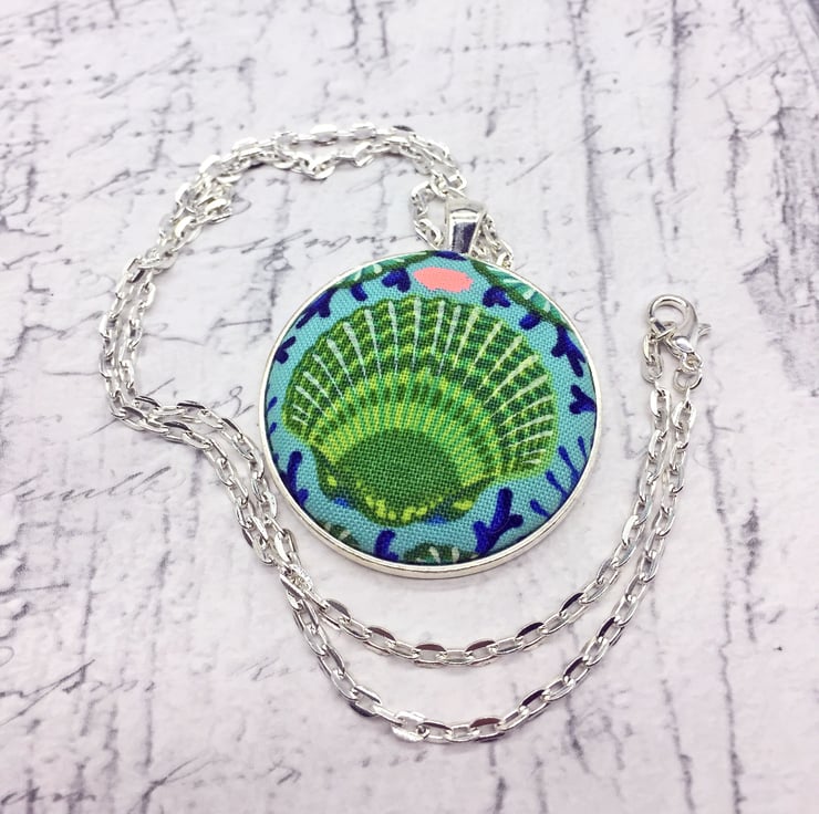 Green Seashell blue coral fabric button pendant... - Folksy