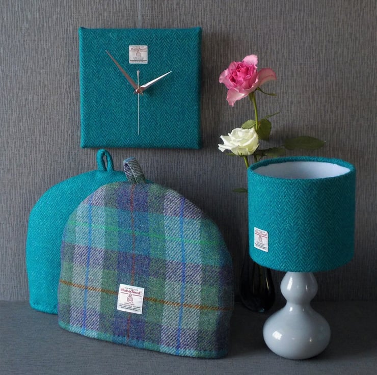 Harris Tweed square clock wool fabric teal turq... - Folksy