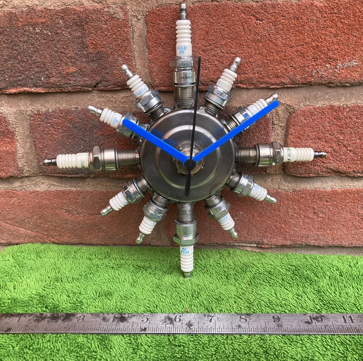 Sunburst Wall Clock, Upcycled Spark Plugs - Folksy
