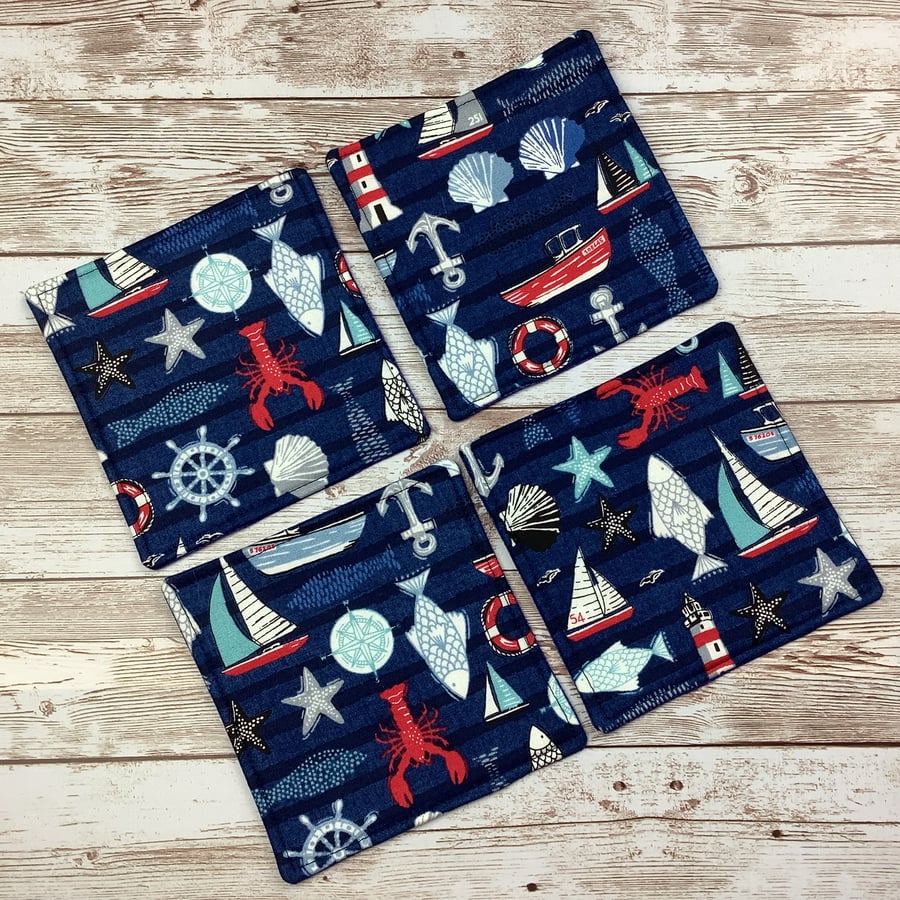 Seaside huts coaster set, Nautical fabric coast... - Folksy