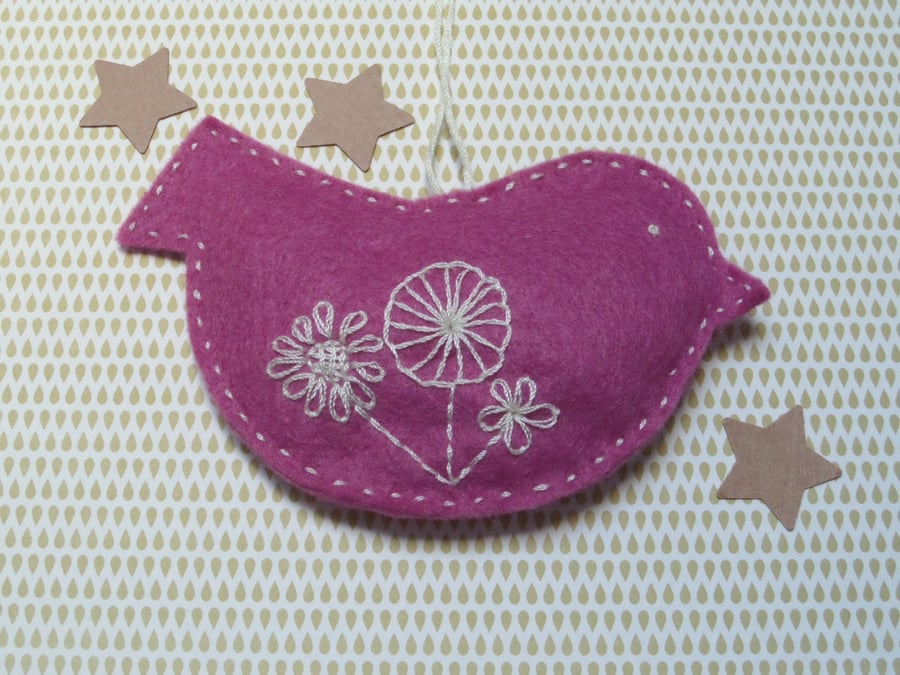 SALE -Hand Embroidered Felt Bird Hanging Decora... - Folksy