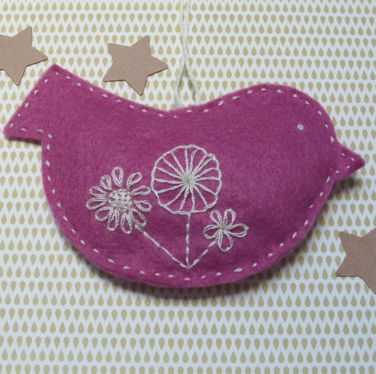 SALE -Hand Embroidered Felt Bird Hanging Decora... - Folksy