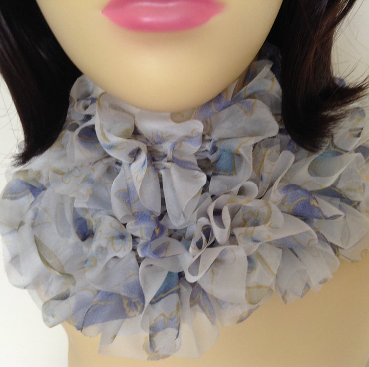 Knitted Frilly Ribbon Scarf in White & Blue - Folksy