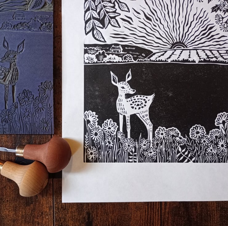 Handmade linocut print - May deer - Folksy