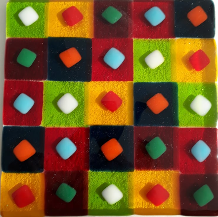 Colourful Glass Dish with Pattern of Squares - Folksy