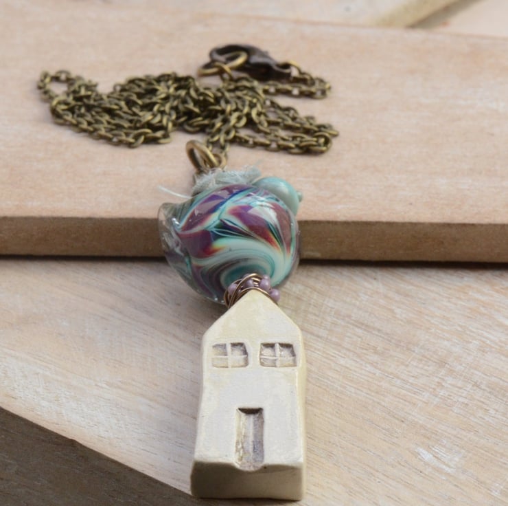 Ceramic House Pendant Necklace with Lampwork Gl... - Folksy