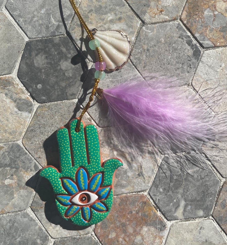 Small turquoise hanging Hamsa hand - Folksy