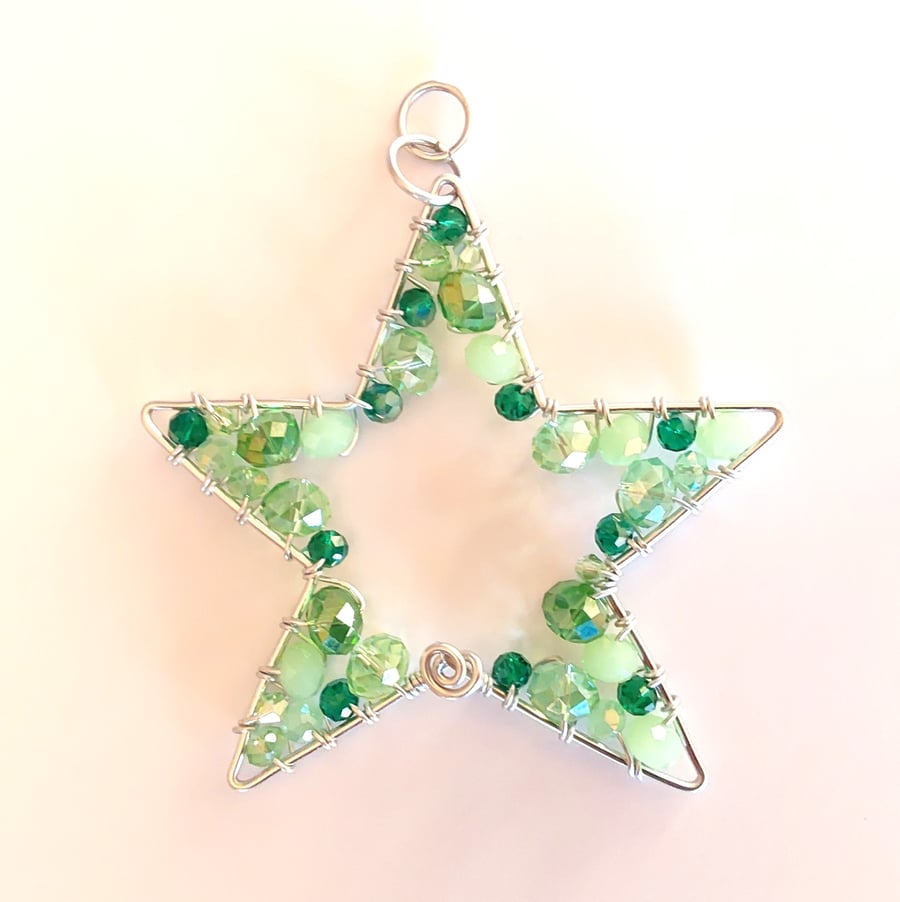 Handmade Wire Star with Assorted Green Beads Ha... - Folksy