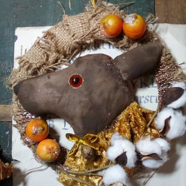 Primitive Wolf, dog wreath, textile art wreath,... - Folksy