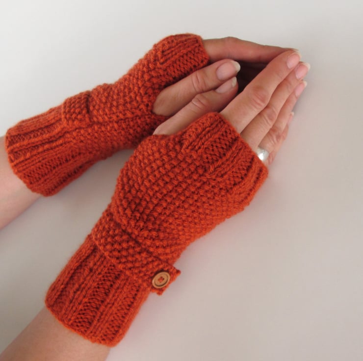 Fingerless Gloves in Burnt Orange Aran Wool - Folksy