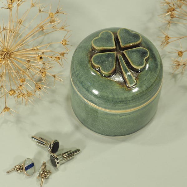 Four Leaf clover ceramic lidded pot - Folksy