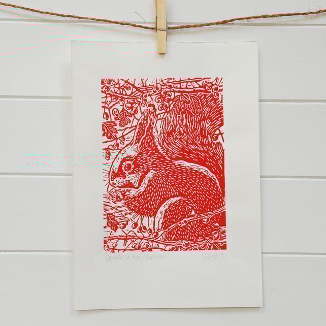 Squirrel in the Hawthorn - Squirrel Art - Lino... - Folksy