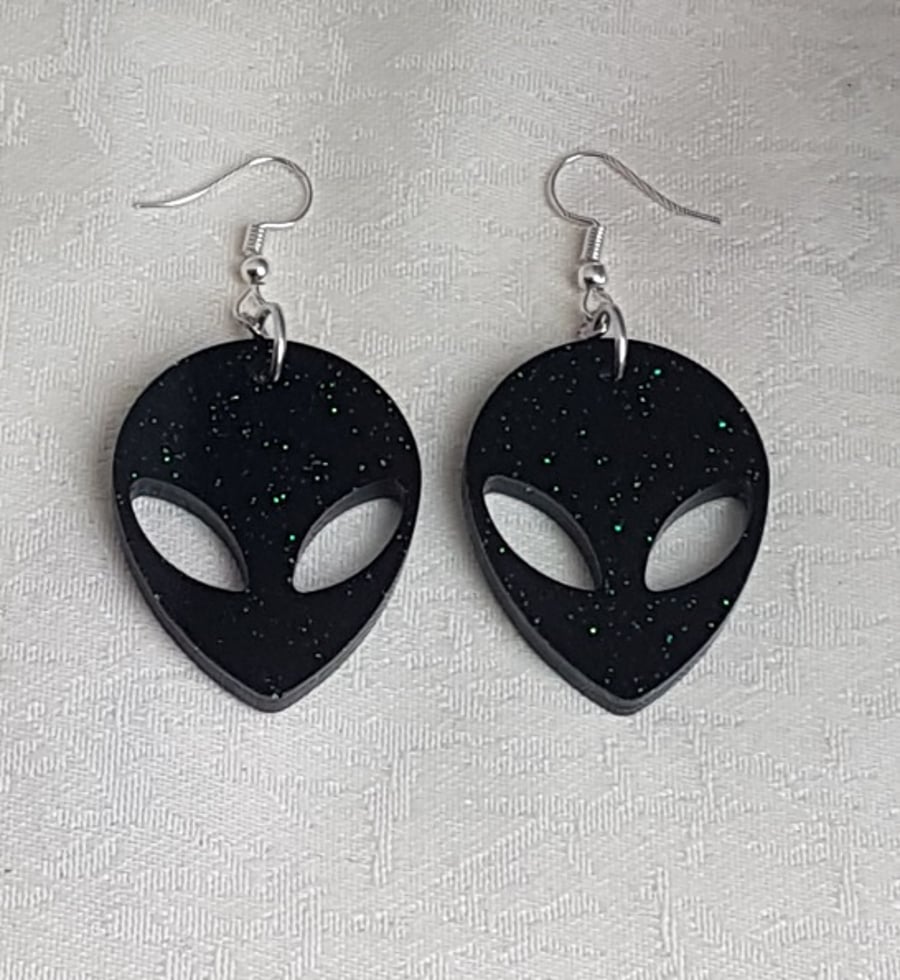 Slightly Sparkly Black Alien Head Earrings. - Folksy