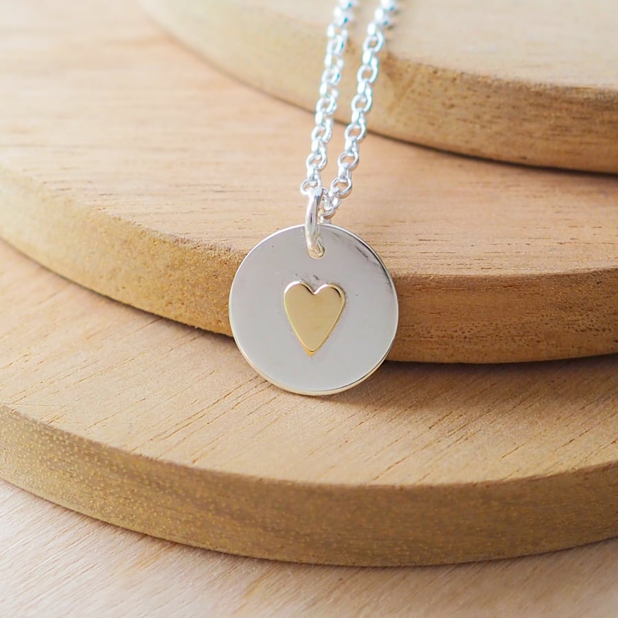 Simple Silver Circle Pendant with Heart - Folksy