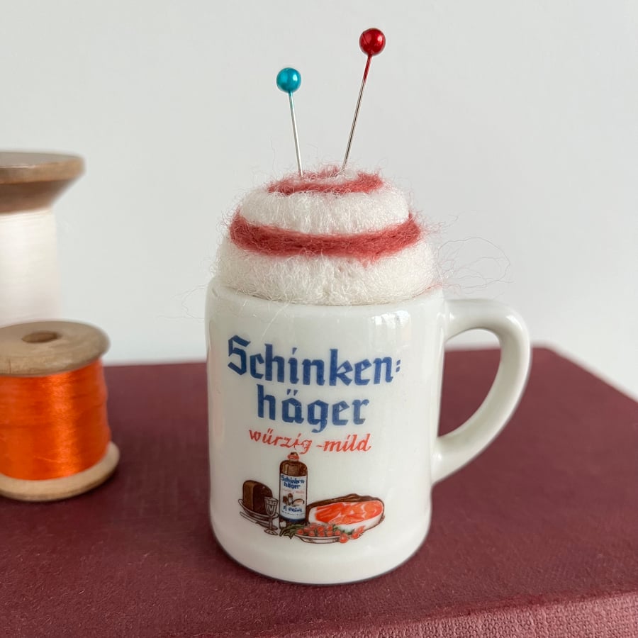 Needle felted pin cushion in repurposed old pot - Folksy