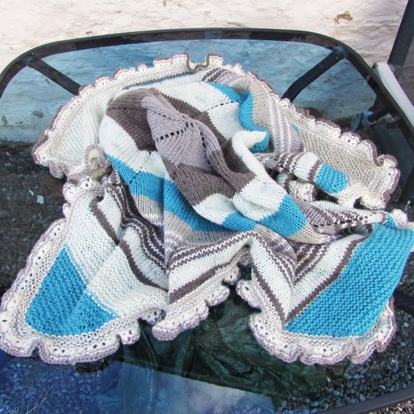 Baby Blanket, hand knitted, Aran yarn, multicol... - Folksy